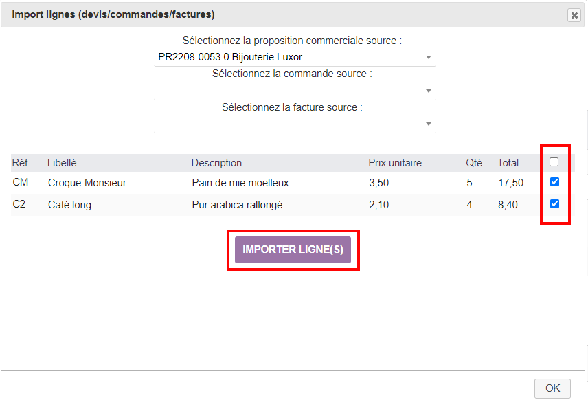 Import lignes devis/commandes/factures