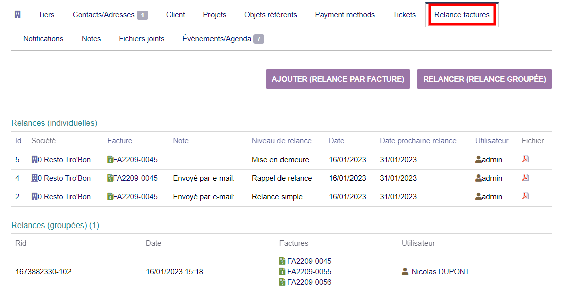Relances factures impayées par Tiers automatiques V4