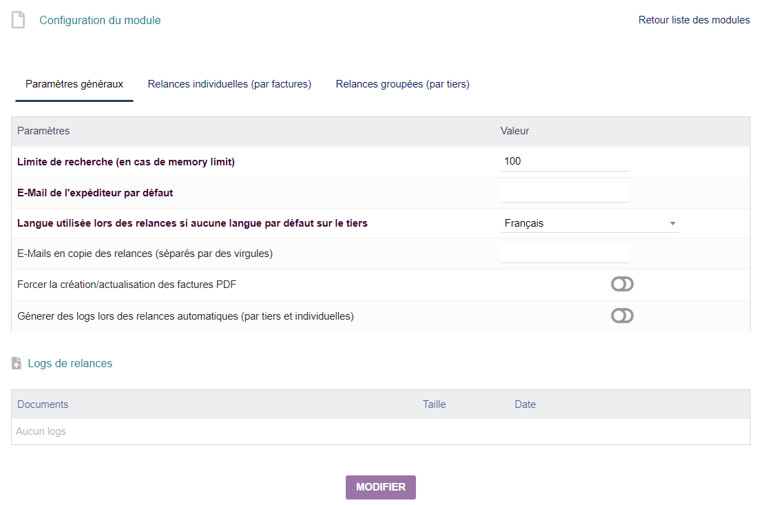 Documentation module "Relances factures impayées par Tiers automatiques"