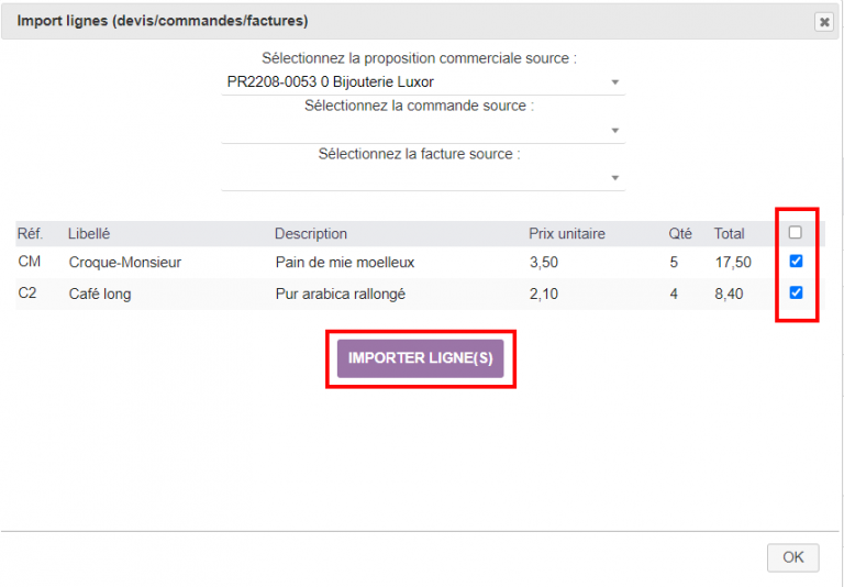 Import lignes devis/commandes/factures